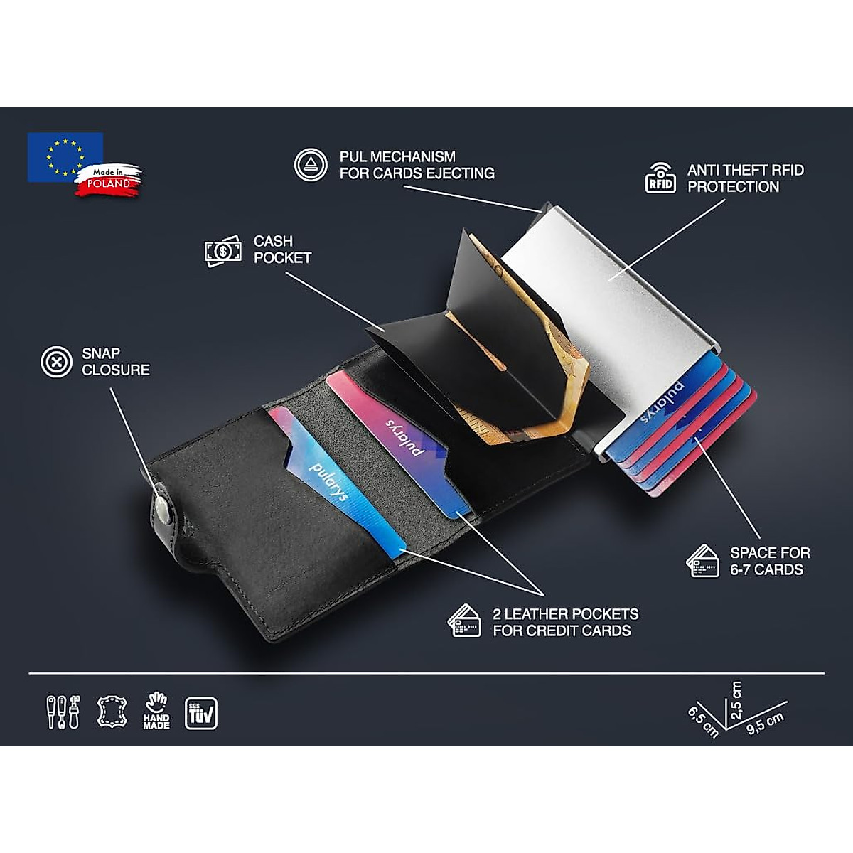 pularys VIKING Mini Wallet - Premium Leather - Black - Snap Fastener - Bank Note Pocket - RFID blocking - Up to 8 Card Slots - Comfortable and Safe - Classic