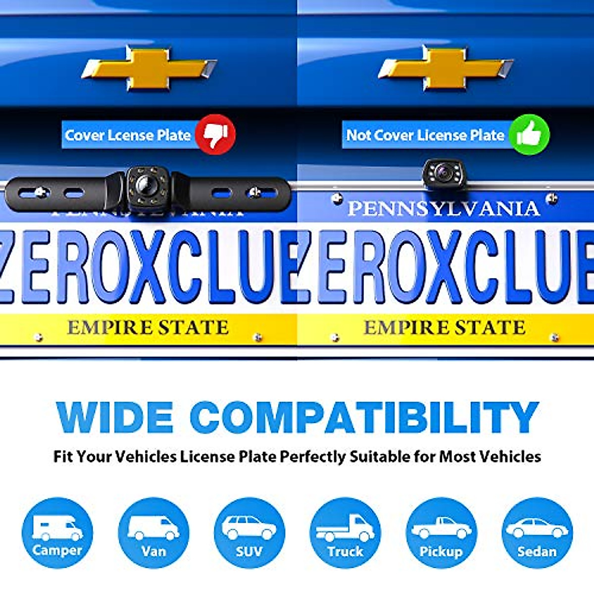 ZEROXCLUB 7 Inch Wired Backup Camera Kit, 1080P HD Large Display for Car Trucks Pickup SUVs Vans RVs License Plate Rearview Reversing Camera Night Vision IP69 Waterproof Wide View - B7