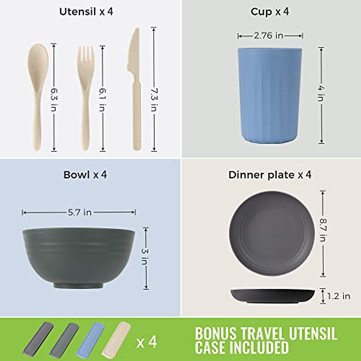 AR Kitchen Wheat Straw Dinnerware Set - 28-Pcs Unbreakable Dinnerware Set with Plates, Bowls, Cutlery, Drinking Cups - Eco-Friendly Natural Wheat Straw - Non-BPA Food-Grade Microwave-Safe Dinnerware