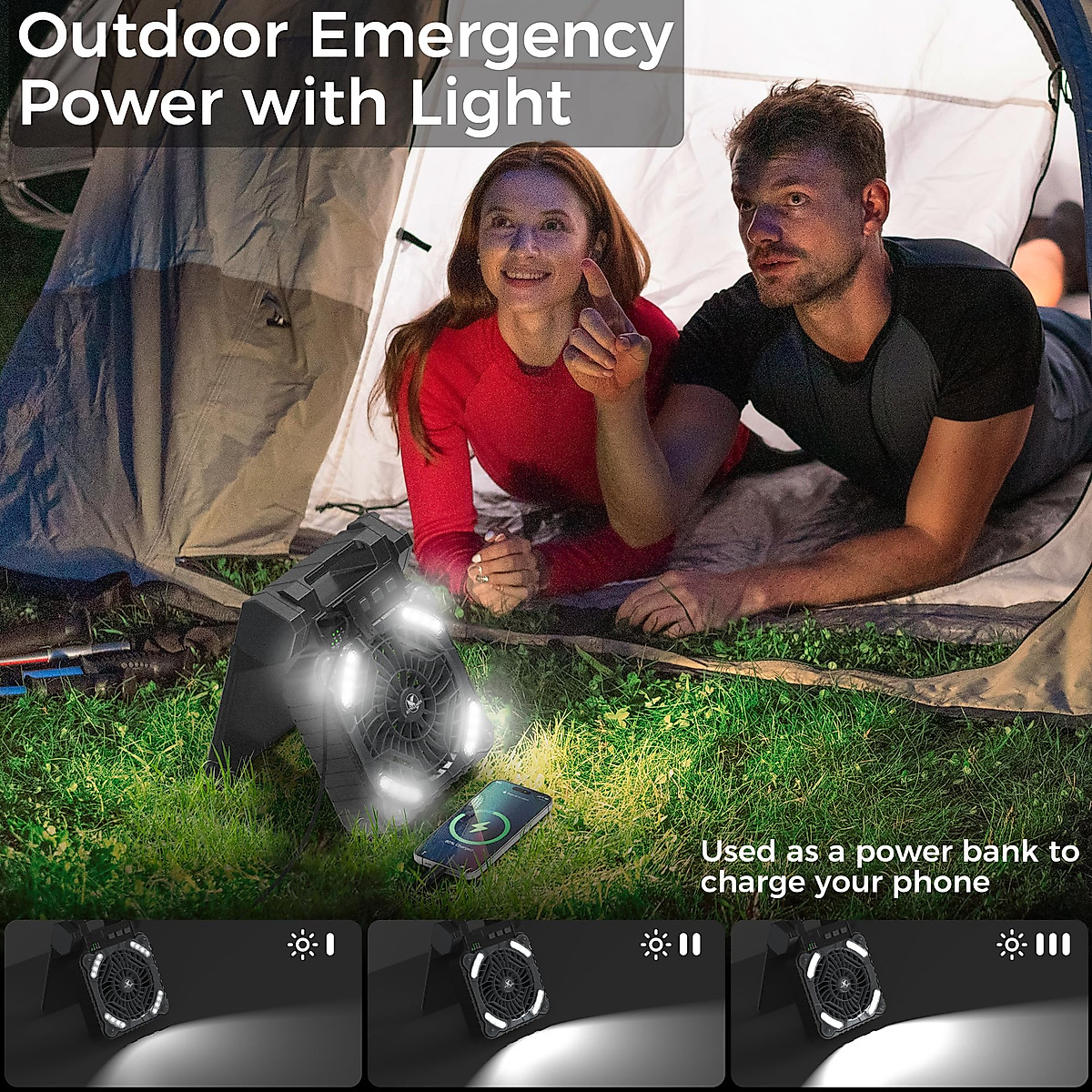 KITWLEMEN Solar Camping Fan with Light, 4 Speeds Rechargeable Battery Powered Fan with Timer, 90° Folding Portable Desk Fan for Hurricane Outages Outdoor Camping Fishing