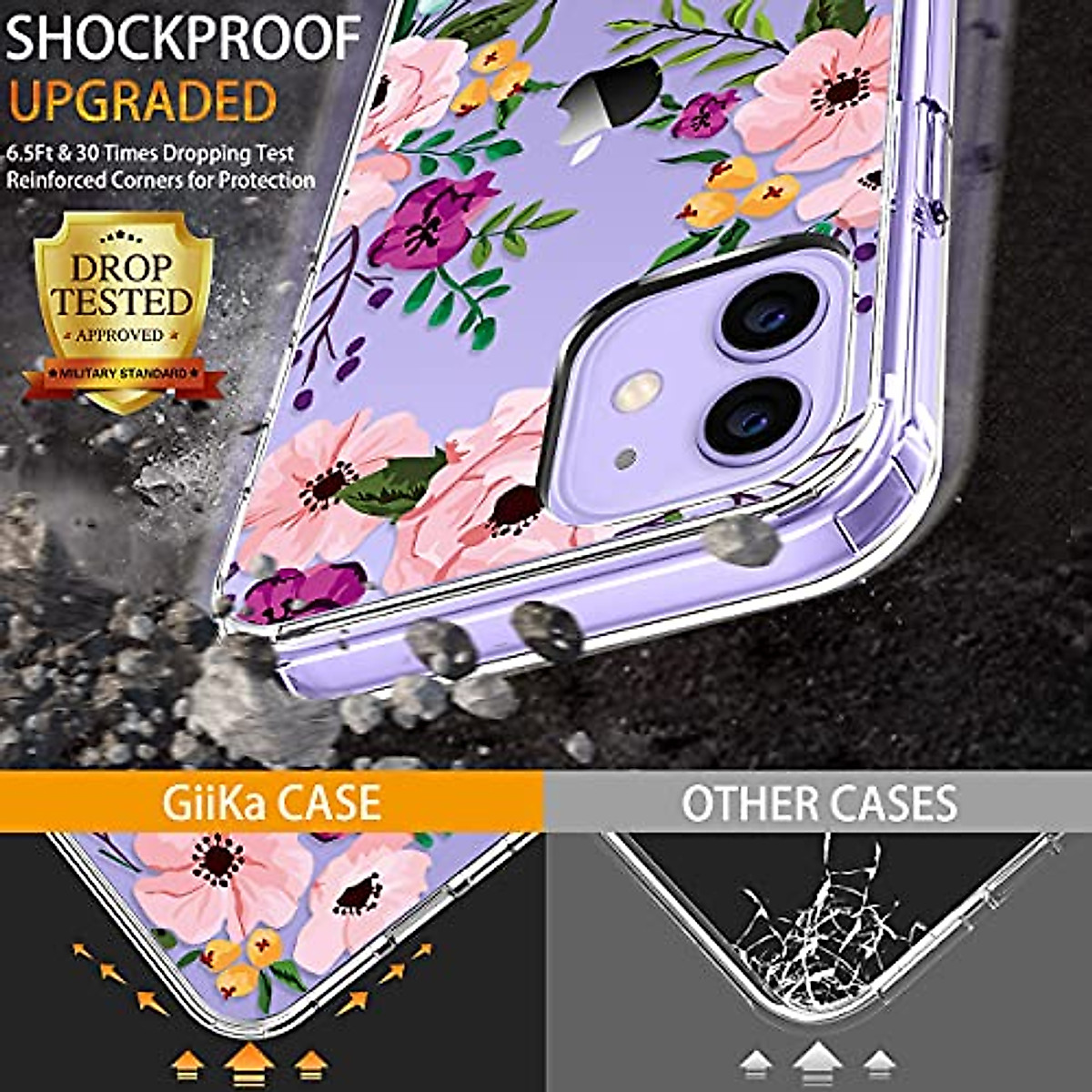 GiiKa for iPhone 12 Case, iPhone 12 Pro Case with Screen Protector, Clear Full Body Protective Floral Girls Women Shockproof Hard Case with TPU Bumper Cover Phone Case for iPhone 12, Small Flowers