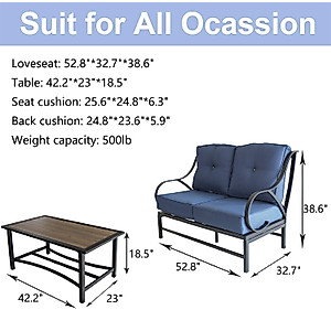 PatioFestival Patio Bench Sofa Outdoor Loveseat Conversation Set with Thick Cushion & Coffee Table Metal Frame Furniture for Deck Garden Poolside Balcony Beach(2 Seats, Blue)