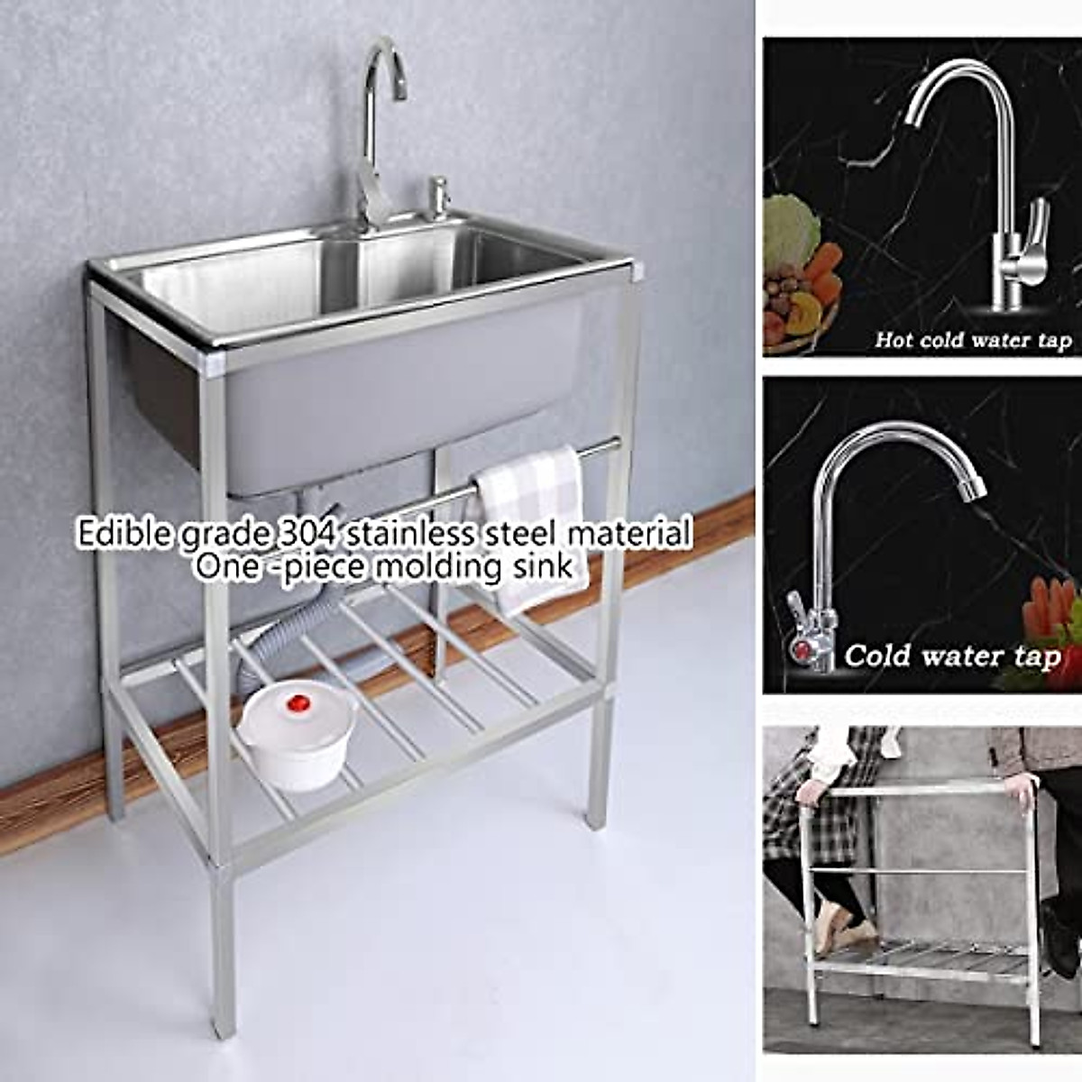 Free Standing Utility Sink Stainless Steel 1 Compartment Commercial Kitchen Sink Set Washing Station Hand Basin w/Cold Hot Water Pipe Faucet and Storage Shelves for Indoor Outdoor Laundry Garage (Col