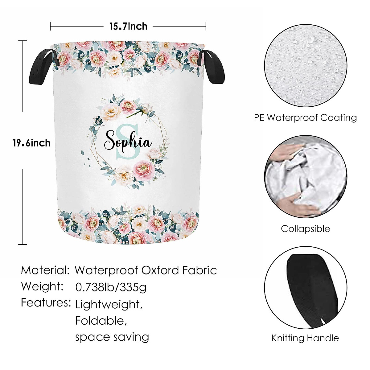 Custom Large Laundry Basket with Name, Personalized Collapsible Laundry Bag for Bathroom Living Room Bedroom Baby Nursery, Foldable Laundry Hamper for Adult Boys Girls Gift 15.7 * 19.6inch