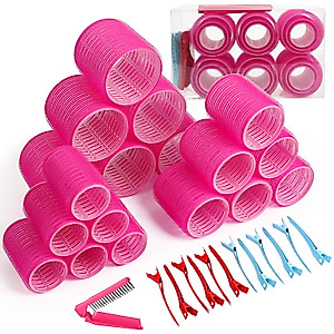 Jumbo Size Self Grip Hair Rollers Set, Salon Hair Set,with Hair Dressing Curlers (Jumbo, Large, Medium), Folding Pocket Comb, Duckbill Clips