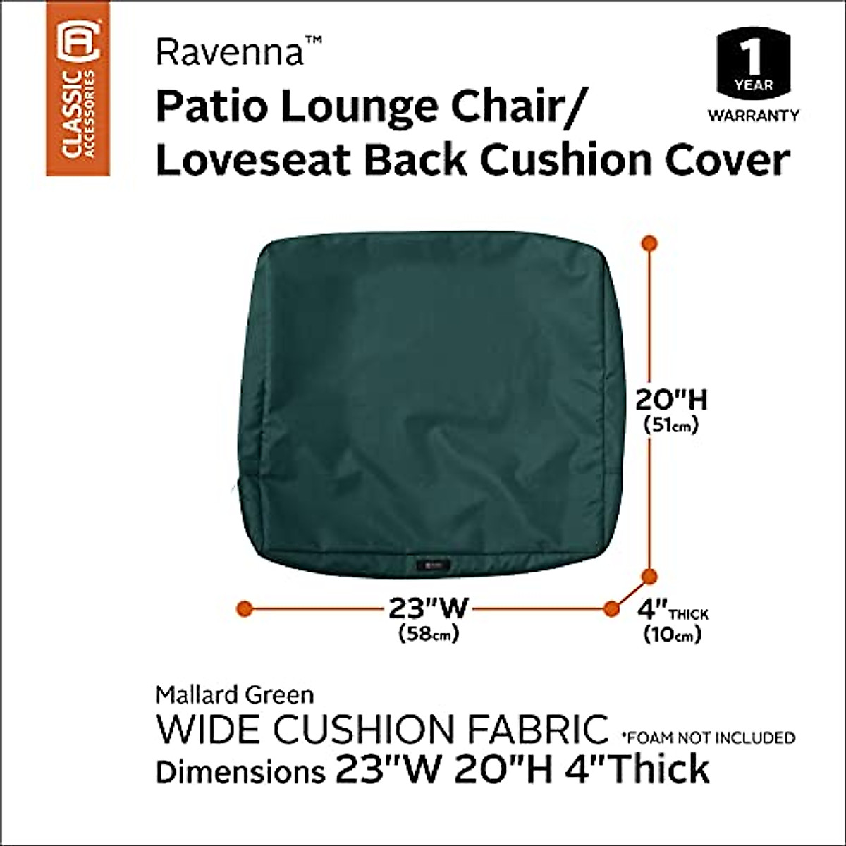 Classic Accessories Ravenna Water-Resistant 23 x 20 x 4 Inch Outdoor Back Cushion Slip Cover, Patio Furniture Cushion Cover, Mallard Green, Patio Furniture Cushion Covers