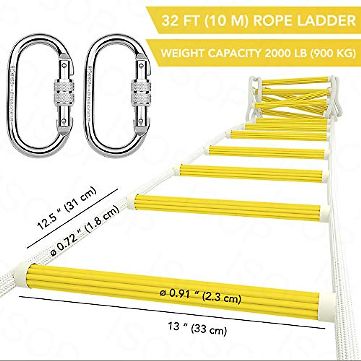 ISOP Emergency Fire Escape Rope Ladder 4 Story Homes 32 ft Innovative Solution - Unique Safety Ladder with Carabiners & Safety Cord & Safety Belt - Fast Deploy & Simple to Use - Compact & Reusable