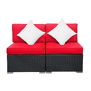 LAZYLAND 2PCs Outdoor PE Wicker Rattan Patio Sofas, with Fade-Resistant Washable Cushions and Pillows, Leisure Conversation kit (Red)
