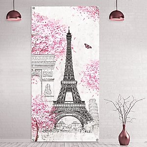 Tatuo Paris Eiffel Tower Backdrop Pink Eiffel Tower Background Banner 70.9 x 35.4 Inch Paris Pink Tree Wall Hanging Decor for Girls Bedroom Living Room Photograph Party Decoration
