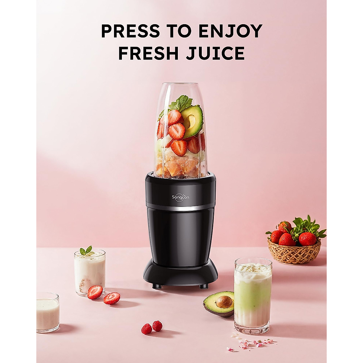 Sangcon 1000W Blender for Smoothies, Blender for Kitchen Smoothie Blender with (3) Cups (2) Spout-Lids (1) Storage-Lid (1) To-Go-Lid, Portable Personal Blender for Shakes Ice Crush Frozen Drink Spices