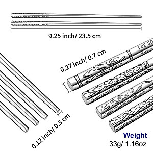 Tvkiadv Metal Chopsticks 5 Pairs Stainless Steel Reusable Chopsticks Laser Engraved Square Lightweight Non-Slip Chop Sticks Gift Set Dishwasher Safe for Cooking