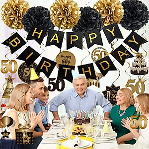 BRT Bearingshui Happy 50th Birthday Hanging Swirls Streamers Decoration Set, Happy Birthday Banner with Tissue Pompoms, Black and Gold 50 Years Old Birthday Party Hanging Backdrop Decorations