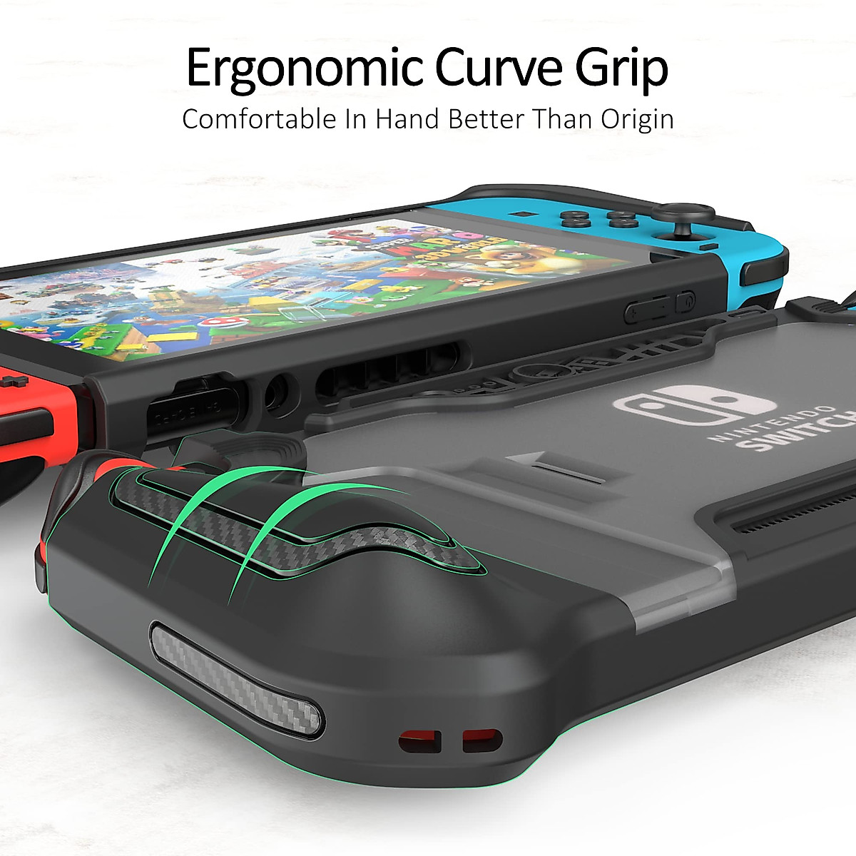 LEYUSMART Protector for Nintendso Switch, Slim Heavy Duty TPU Cover, Comfortable Grip with HD Tempered Glass Screen Protector & 2 Thumb Caps Black