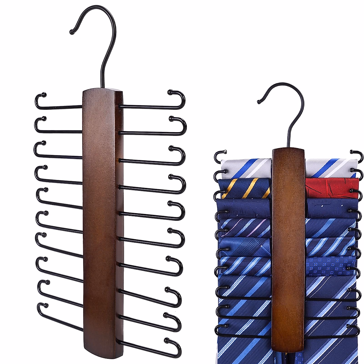 BigOtters Wooden Tie Rack, Tie Hanger for Men Closet Hanging Space Saving Holder 20 Hooks 360 Degree Rotating Tie Organizer for Belt Scarf Tie