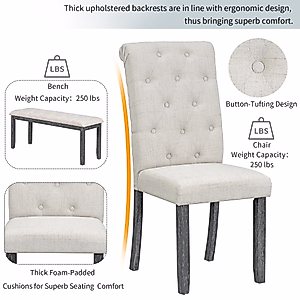 HZXINKEDZSW 6-Piece Retro Dining Table Set,Wood Rectangular Table with Unique Legs and 4 Upholstered Chairs & 1 Bench for Dining Room Living Room,Kitchen Table Set for 6 (Gray Wash-59.8" L)