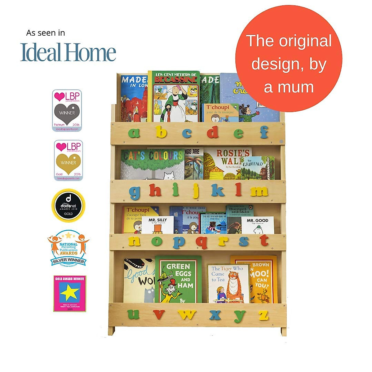 Tidy Books - Kids Bookshelf | White | Wall Bookshelf for Kids with 3D Alphabet Color | Montessori Materials | Wood Bookcase | 45.3 x 30.3 x 2.8 in | ECO Friendly | Handmade - The Original Since 2004