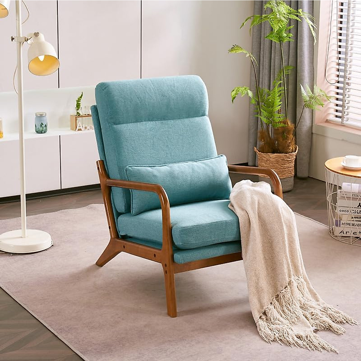 High Back Accent Chairs for Living Room Arm Chair Mid-Century Modern Chair w/ Pillow,Single Lounge Armchair Comfy Reading Chair for Bedroom,Apartment,Dorm, Office,Supports 330 Lbs,Easy Assembly,Teal