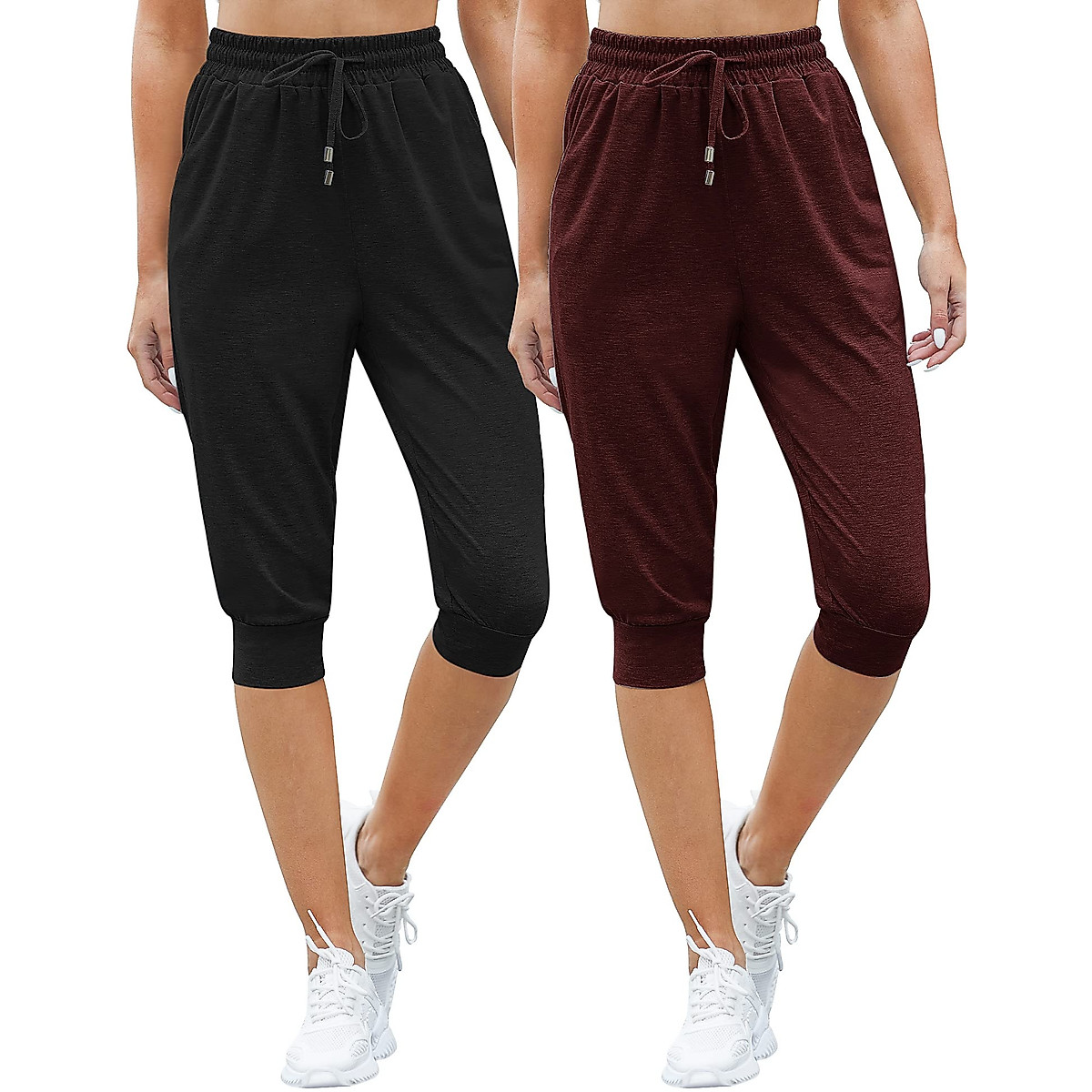 Syhood 2 Pack Women Capri Sweatpants Women's Drawstring Capris Casual Cropped Jogger Pants with Pockets (Black, Burgundy, XX-Large)