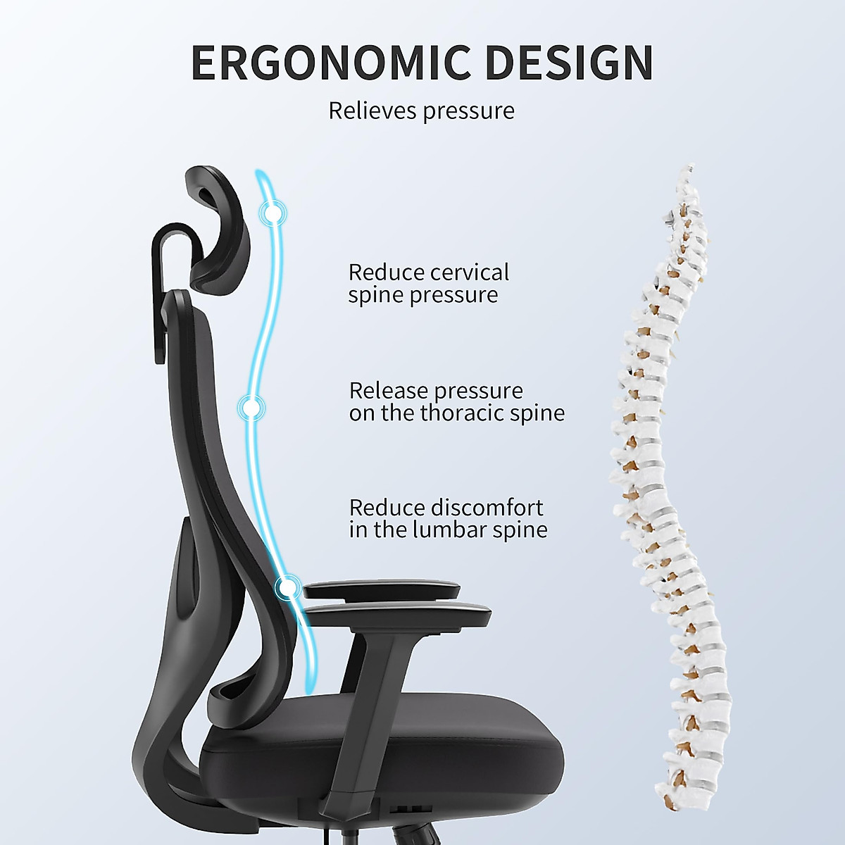 Rongbuk Ergonomic Executive Computer Desk Chair with 3D Armrests, 2D Headrest, Swivel Task Chair with Lumbar Support, Sturdy Base with Wheels, Mesh Office Chair, White