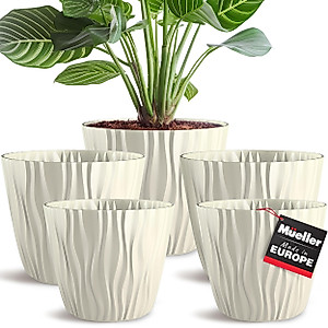 Mueller European-Made 5/1 Plant Pots 6/7.5/9.2" - Flower Pots Set with Inner Drainage for Indoor and Outdoor Use - Modern Decorative Planters for Plants, Flowers, and Herbs - Beige