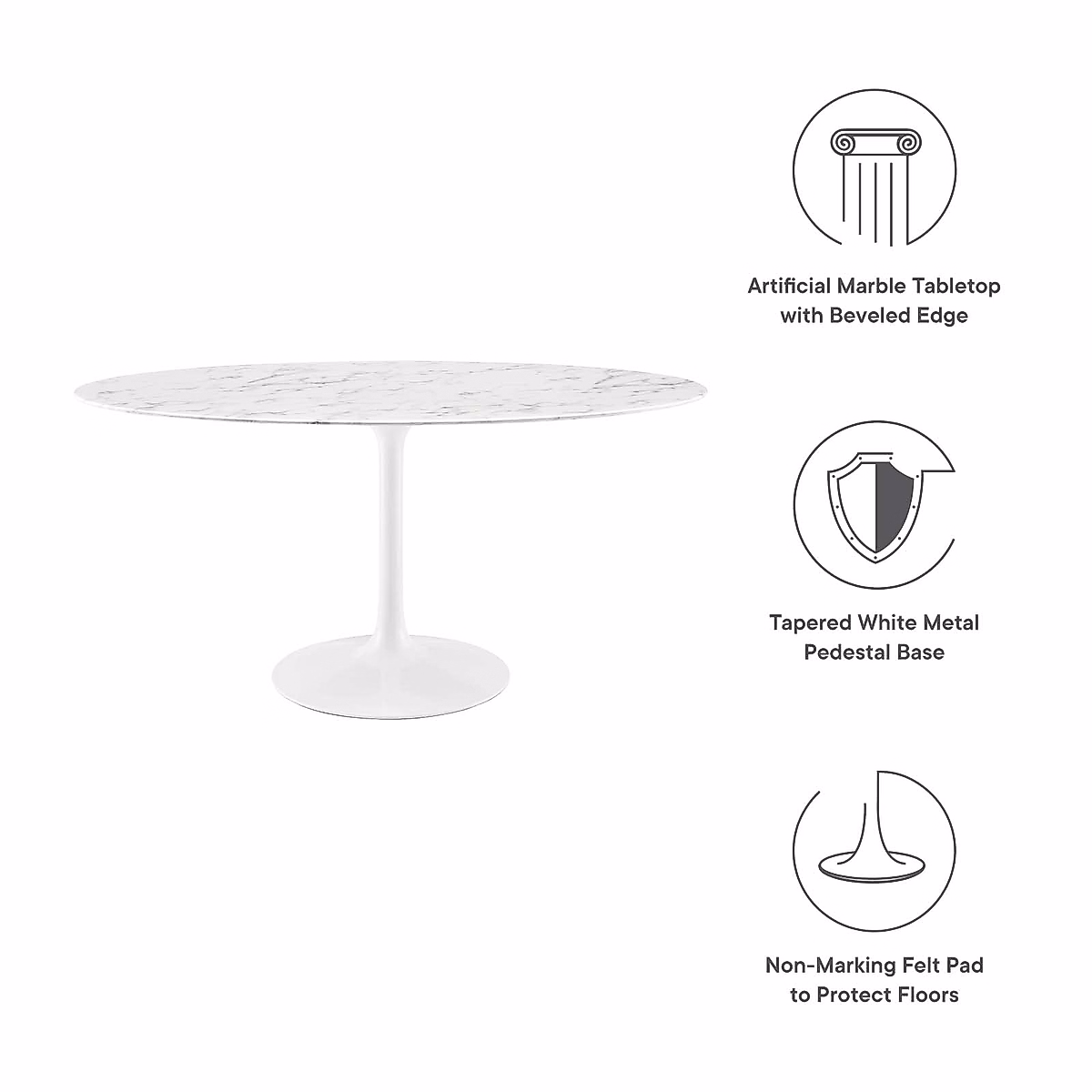 Modway Lippa 60" Oval-Shaped Mid-Century Modern Dining Table with Artificial Marble Top and White Base