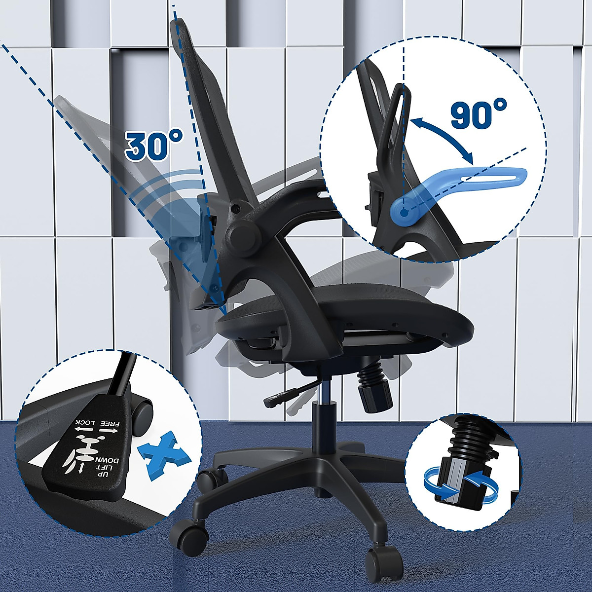 Sandure Mesh Office Chair Ergonomic Home Swivel Desk Chair Comfy Black Modern Computer Chair with Adjustable Lumbar Support Comfortable Office Desk Chair Flip Up Arms with Wheels