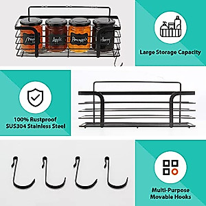 Sykit Adhesive Shower Caddy with 4 Hooks,No Drilling Adhesive Wall Mounted Rustproof Stainless Steel Shower Shelf,SUS304 Stainless Steel Bathroom Organization for Bathroom, Toilet, Kitchen (Black)