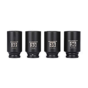 MIXPOWER 4-Piece 1/2'' Drive Deep Impact Socket Set, 6 Point, CR-MO,Metric,32,33,35,36mm, Spindle Axle Nut Impact Socket Set