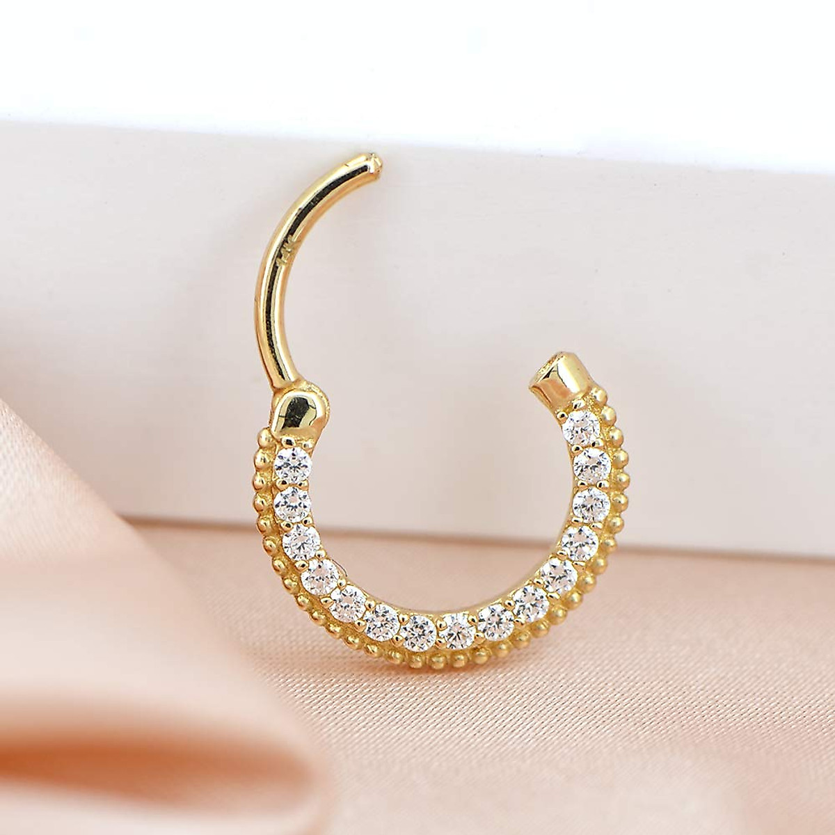 OUFER 14K Solid Gold Septum Piercing Hoop 16G Daith Earrings Hoop Clear CZ Paved Daith Septum Clicker Hoop 10mm Inner Diameter