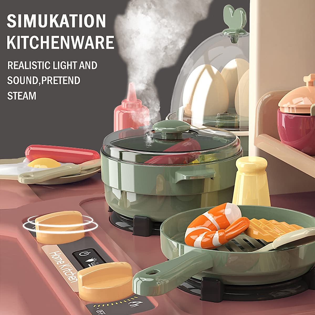 Kitchen Playset with Real Sounds & Light - Toy Accessories Set Pretend Food Toy Accessories Set for Toddlers - Play Sink & Cooking Stove with Steam - 65 PCS for Toddlers Kids - 37 inch 3+ Years