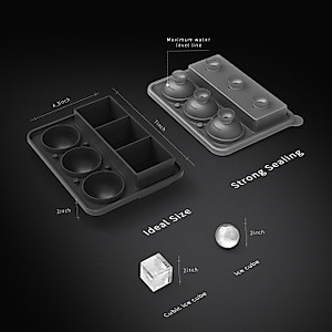 RCMo Ice Cube Tray，Square and Ball ice cubes mold，Ice Cube Tray Easy Release Slow Melting Frozen for Cocktails, Whiskey and Bourbon Drinks，BPA-Free and Reusable