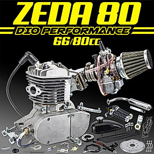 Zeda 80 Performance Bicycle Engine Kit with Dio Reed Valve & OKO Carb - Silver - Motorized Bike (36 Tooth)
