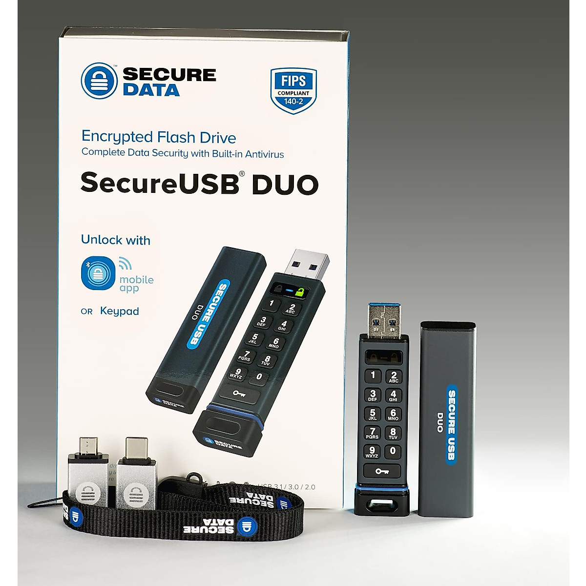 SecureData SecureUSB Duo 16GB Hardware Encrypted USB 3.0 Flash Drive FIPS 140-2 Level 3 Unlock via Keypad or Phone app TAA Compliant, CJIS, HIPAA, CMMC, GDPR Compliant, Works with Mac and Win Free AV