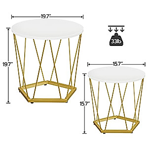 HOOBRO Round Coffee Table Set of 2, Gold Coffee End Table with Metal Frame, Small Coffee Table for Living Room Bedroom Balcony Yard, Modern Style, White and Gold, GD80BZ01