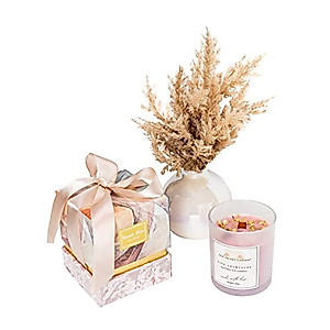 Healing Crystal Candle - 10oz Handmade Soy Candle with Crystals and Flowers Inside | Spiritual Gifts for Women | Elegantly Packaged in a Gift Box with a Real Ribbon. (Pink Champagne)
