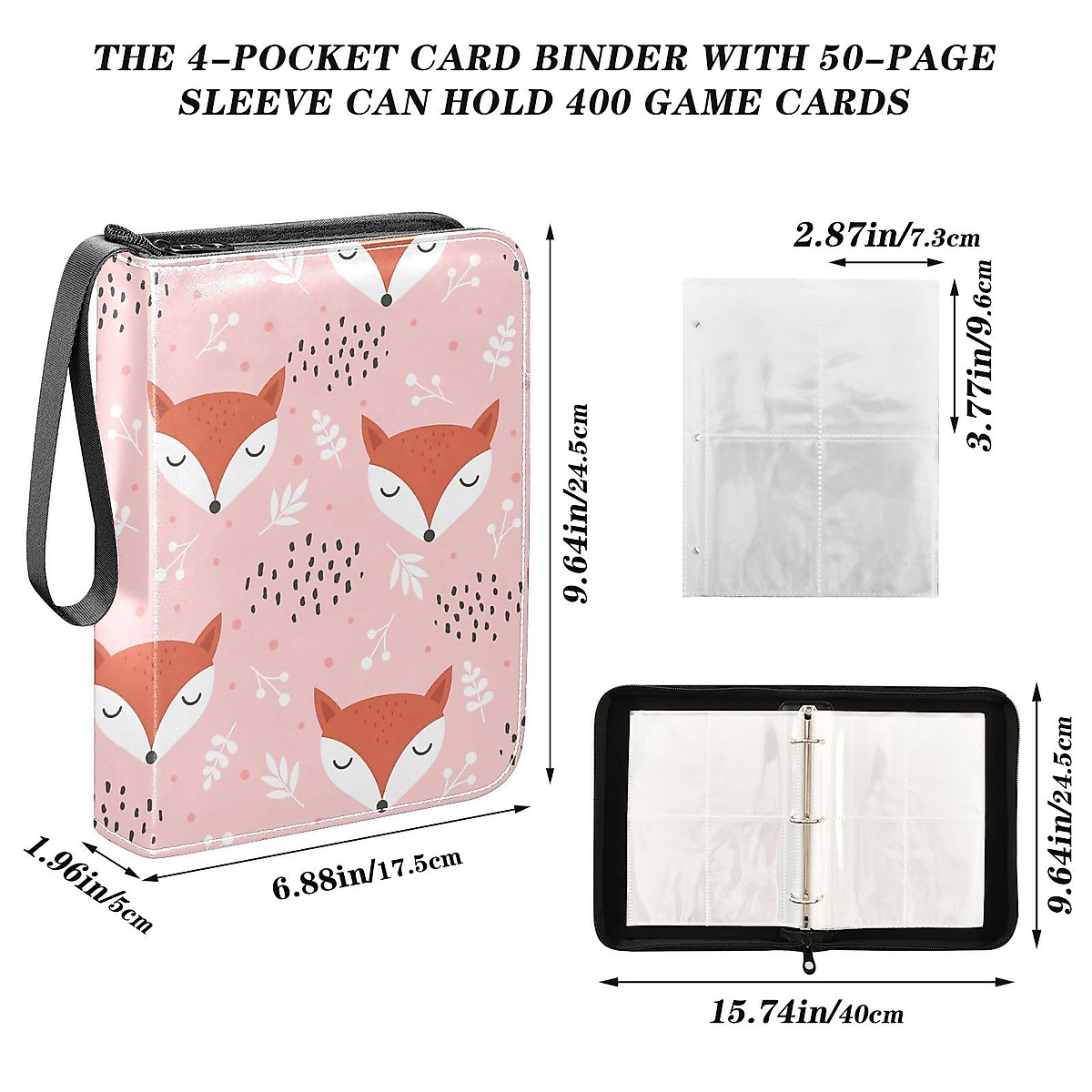PYBUG Fox Trading Card Binder with Nylon Strap 4-Pocket Waterproof PU Leather Card Collection Binder for 400 Cards Sturdy Card Holder Folders for Game Cards,Sports Cards