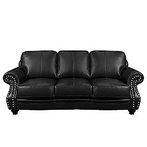 Sunset Trading Charleston 86" Wide Top Grain Leather Black 3 Seater Rolled Arm Couch with Nailheads Sofa, Classic Stationary