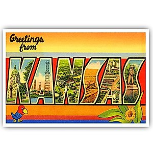 GREETINGS FROM KANSAS vintage reprint postcard set of 20 identical postcards. Large letter US state name post card pack (ca. 1930's-1940's). Made in USA.