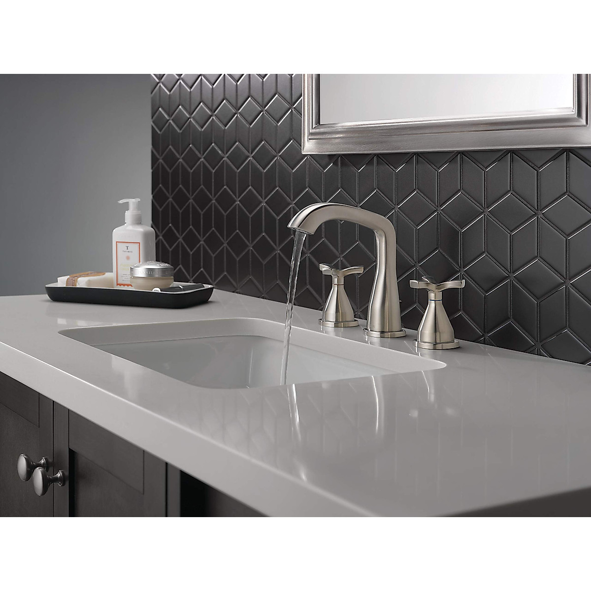 Delta Faucet Stryke Widespread Bathroom Faucet Brushed Nickel, Bathroom Faucet 3 Hole with Cross Handles, Diamond Seal Technology, Metal Drain Assembly, Stainless 357766-SSMPU-DST