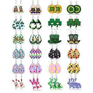 Honsny 24 Pairs St Patrick's Day Easter Earrings for Women Faux Leather Teardrop Dangle Earrings Set Clover Green Hat Easter Egg Dangle Earrings Jewelry for Women Drop Earrings
