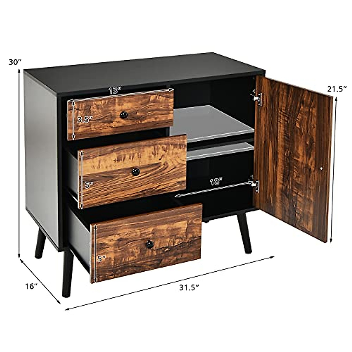 Tangkula Retro Storage Cabinet, Wood Floor Cabinet with 3 Drawers and 1 Cabinet w/Adjustable Shelf, Accent Cabinet for Living Room Entryway Home Office, Rustic Brown (Retro)