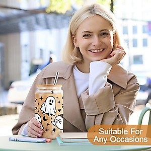 COCOGIFTS Halloween Cups Mugs Ghost 16Oz Iced Coffee Glass Cups with Lids and Straws Cute Halloween Gifts for Women Kids Teens Adults Spooky Gifts for Girls Boys Halloween Tumbler Smoothie Cup