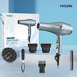 Ionic Salon Hair Dryer, Professional Blow Dryer AC Motor Fast Drying with 2 Speed, 3 Heat Setting, Cool Button, with Diffuser, Nozzle, Concentrator Comb for Curly & Straight Hair-Blue