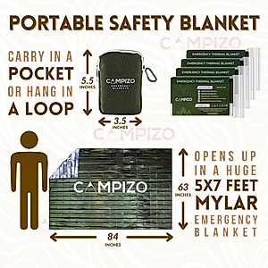 CAMPIZO 4 Pack Emergency Blankets - Thermal Blanket, Space Blanket, Mylar Blanket, Survival Blanket, Foil Blanket, Designed by NASA, Extra Large and Wide for Camping, Hiking, Marathon, (Army Green)