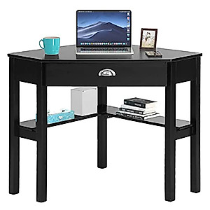 Corner Desk Corner Computer Desk with Drawer for Small Space Makeup Vanity Desk 90 Degrees Triangle Corner Desk with Storage Shelves, Home Office Workstation for Living Room, or Bedroom (Black)