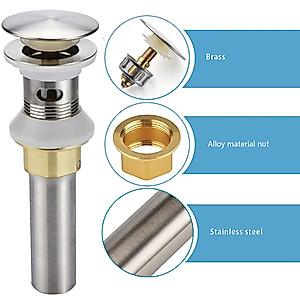 Rockgoya Bathroom Sink Drain,Drain Stopper Bathroom Sink with Overflow,Pop Up Drain Assembly with Detachable Strainer Basket,Built-in Anti-Clogging Strainer,Stainless Steel Brushed Nickel