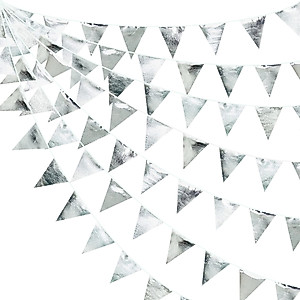 Silver Party Decorations Metallic Fabric Triangle Pennant Banner Silver Flag Bunting Garland for Graduation Birthday Wedding Bridal Shower Anniversary Engagement Bachelorette Party Decoration Supplies