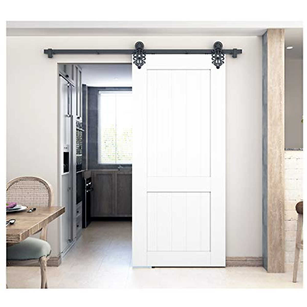 DIYHD TSQ72 8FT Ornate Cut Roller Black Iron Sliding Barn Hardware, Single Door kit