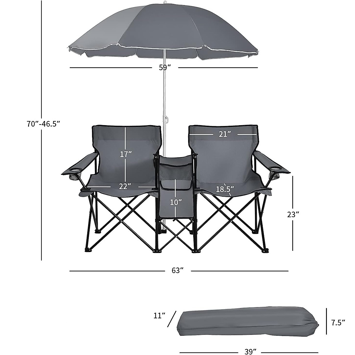 Goplus Double Camping Chair with Umbrella, Folding Loveseat Chairs w/Canopy Shade, Carrying Bag, Table, Cup Holder, Portable Beach Chairs Outdoor Picnic Patio (Grey)