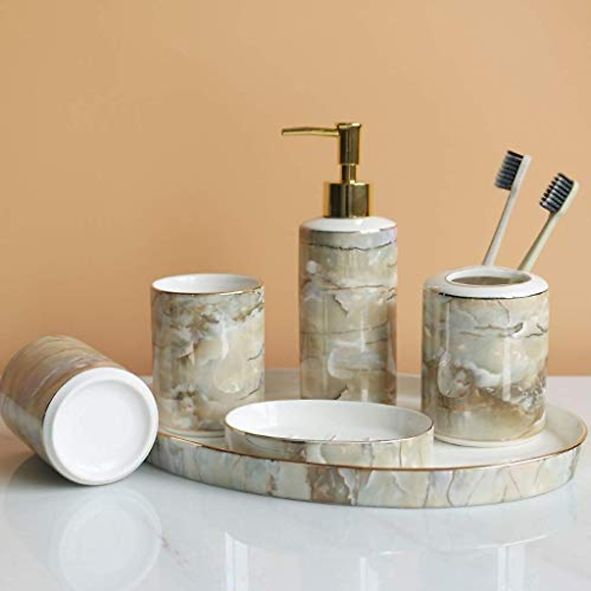 TFIIEXFL Ceramics Bathroom Accessories Set, 4 Piece Bath Ensemble, Bath Set Collection Pattern Soap Dispenser Pump, Toothbrush Holder, Tumbler, Soap Dish